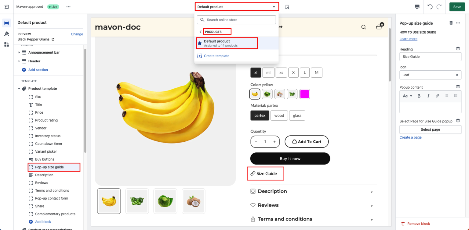 How to configure the Pop-up size guide on the product page - gloryio.com